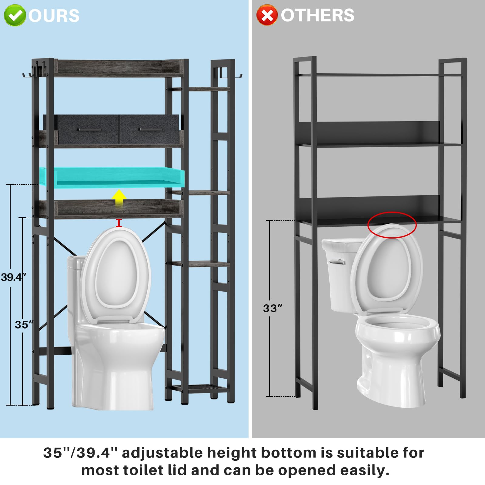 Over The Toilet Storage with 2 Drawers - 7 Tier Bathroom Organizer with Adjustable Shelf, Freestanding Space Saver Storage Rack Above Toilet Stand with 4 Hooks for, Restroom, Laundry, Grey Oak