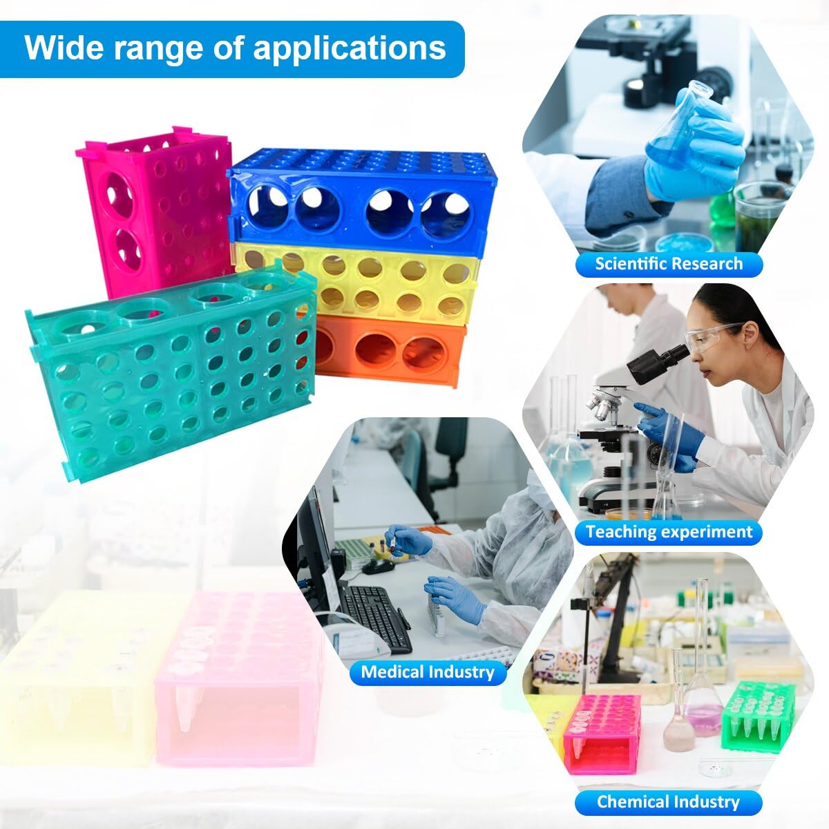 4-Way Plastic Test Tube Rack,Test Tube Holder with 5 Different Colors（Blue,Yellow,Orange,Pink,Green),Pack of 5