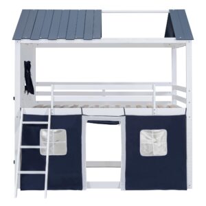 Harper & Bright Designs House Twin Loft Bunk Bed with Tent, Kids Loft Bed with Ladders,Guardrail, Windows and Roof, Wood Twin Over Twin Playhouse Bunk Bed for Kids Teens Boys & Girls (Blue & White)