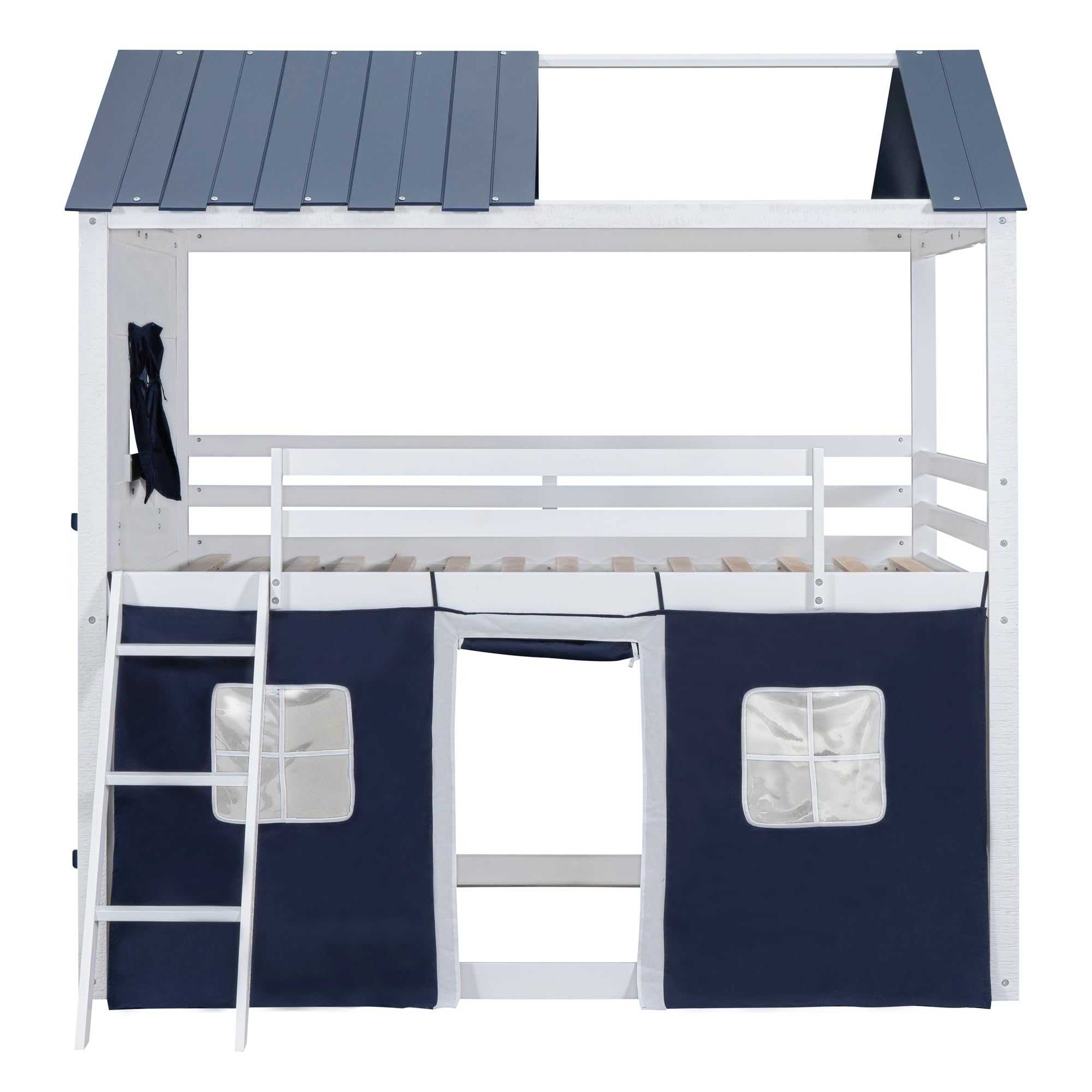 Harper & Bright Designs House Twin Loft Bunk Bed with Tent, Kids Loft Bed with Ladders,Guardrail, Windows and Roof, Wood Twin Over Twin Playhouse Bunk Bed for Kids Teens Boys & Girls (Blue & White)