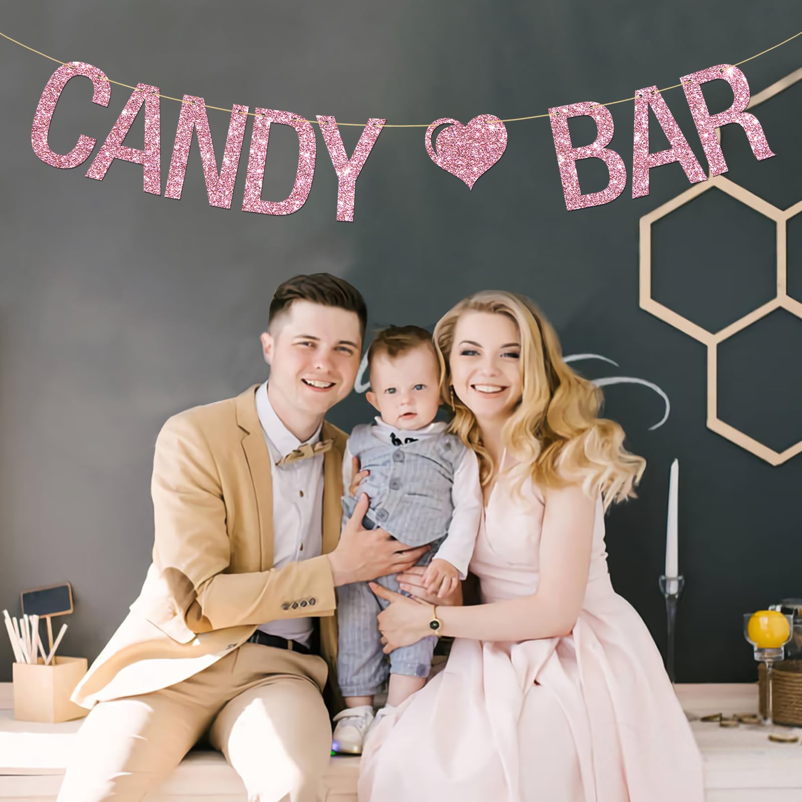 Candy Bar Banner, Engagement Wedding/Girls Birthday/Bride to Be/Bachelorette Party Bunting Hanging Bunting Decorations Supplies - Pink Glitter