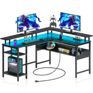 rolanstar computer desk l shaped 56.7" with led lights and power outlets, reversible l shaped gaming desk with monitor stand, home office desk with storage, desk with usb port and hook, black