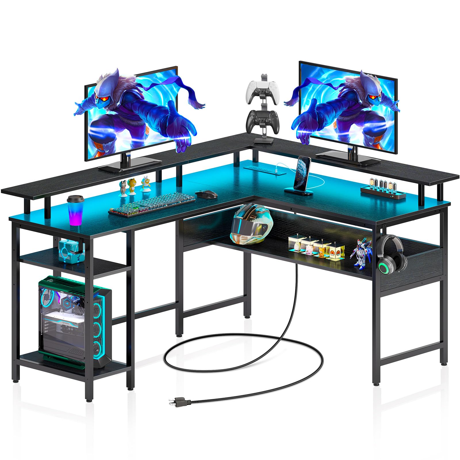 Rolanstar Computer Desk L Shaped 56.7" with LED Lights and Power Outlets, Reversible L Shaped Gaming Desk with Monitor Stand, Home Office Desk with Storage, Desk with USB Port and Hook, Black