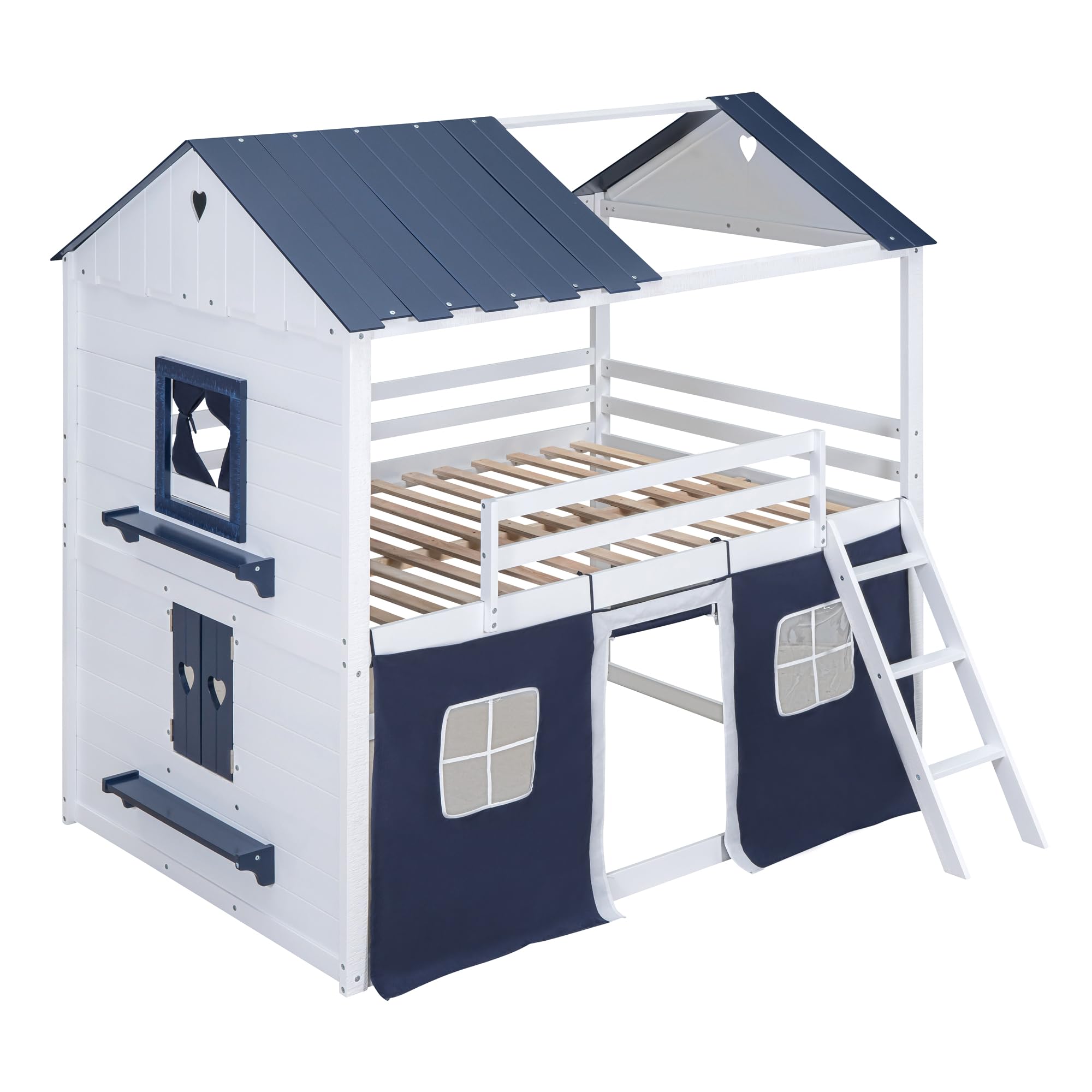 Harper & Bright Designs House Twin Loft Bunk Bed with Tent, Kids Loft Bed with Ladders,Guardrail, Windows and Roof, Wood Twin Over Twin Playhouse Bunk Bed for Kids Teens Boys & Girls (Blue & White)