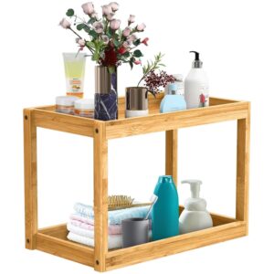 bamboo 2-tier countertop organizer, multi-function wooden storage tray for bathroom, kitchen, bedroom, dresser; wood under-sink container, home storage holder lotion makeup cosmetics perfume vanity