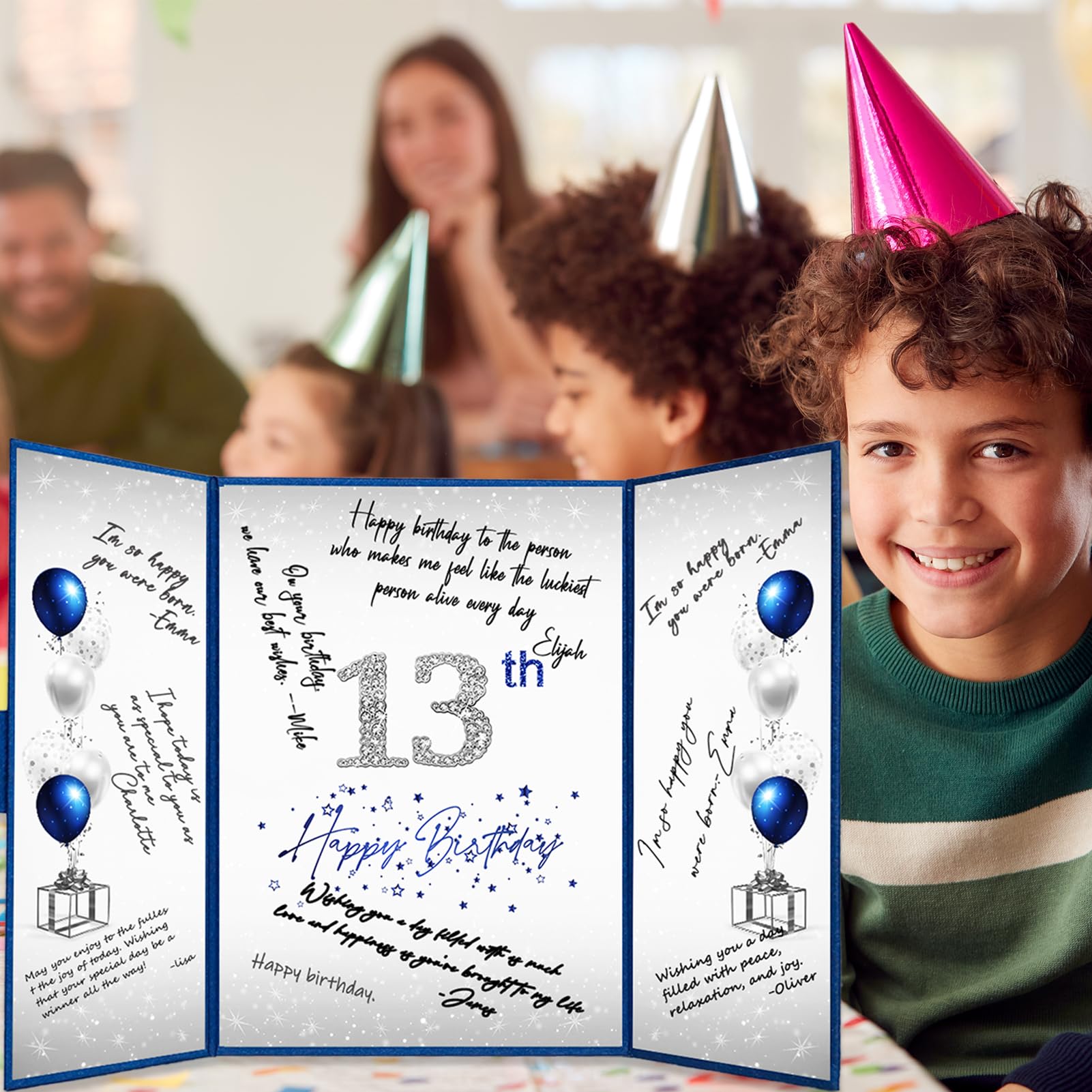 Crenics 13th Birthday Decorations for Boy or Girls, Creative 13th Birthday Guest Book Alternative, Blue and Silver 13 Birthday Signature Book 18 x 12 inch, Great 13 Birthday Gifts