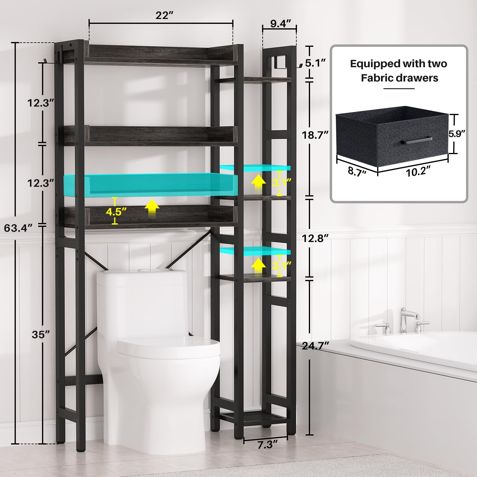 Over The Toilet Storage with 2 Drawers - 7 Tier Bathroom Organizer with Adjustable Shelf, Freestanding Space Saver Storage Rack Above Toilet Stand with 4 Hooks for, Restroom, Laundry, Grey Oak