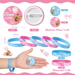 Capoda Boy or Girl Gender Reveal Sash Pink Blue Mom and Dad to Be Pins with Flower Crown Wristband 30 Team Boy Girl Button Pins and 30 Silicone Wristbands for Baby Shower (Bear)