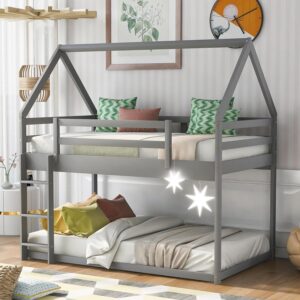 lostcat bunk bed twin over twin, wood twin size house floor bunk beds w/safety guardrail & ladder, space saving design, no box spring needed, gray