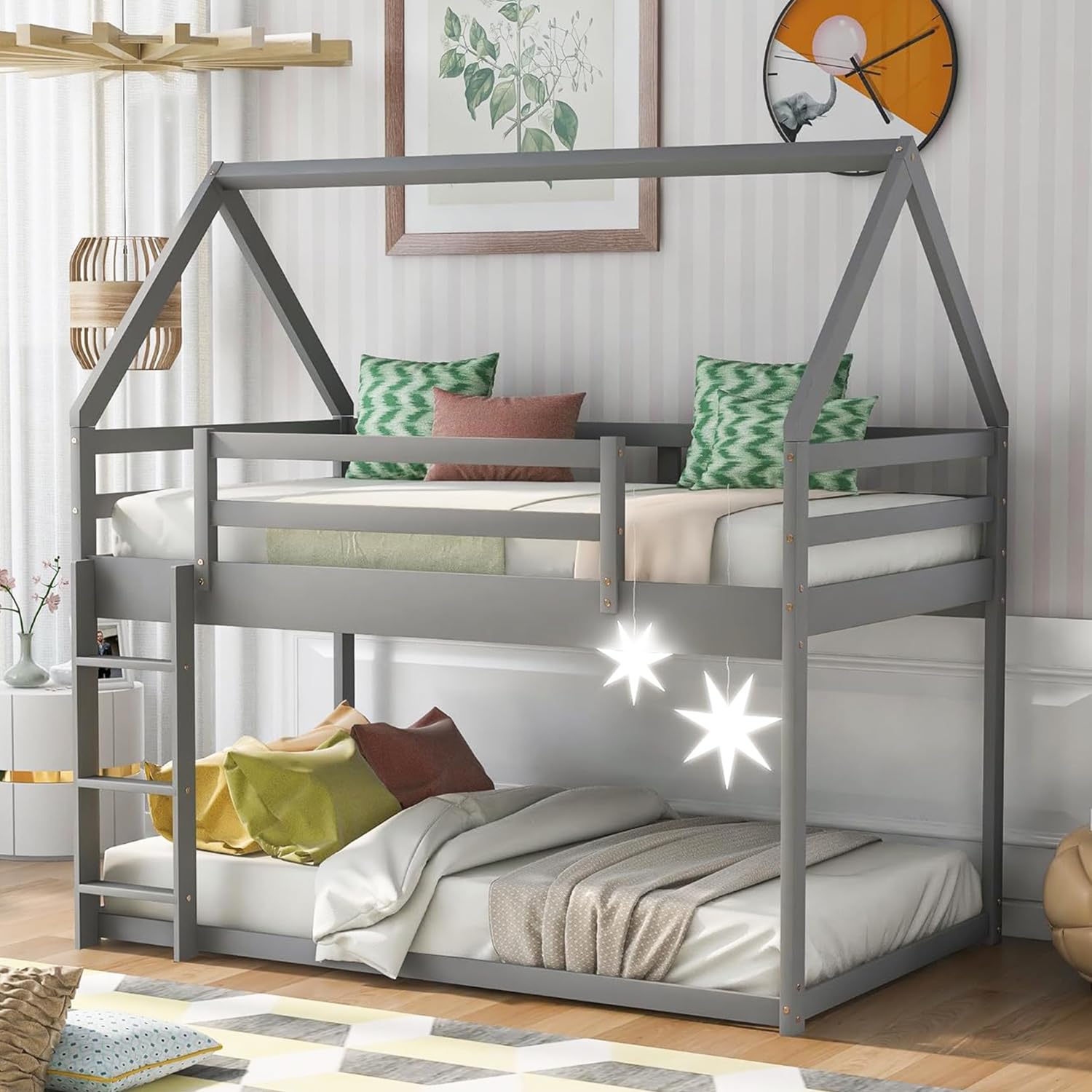 LostCat Bunk Bed Twin Over Twin, Wood Twin Size House Floor Bunk Beds w/Safety Guardrail & Ladder, Space Saving Design, No Box Spring Needed, Gray