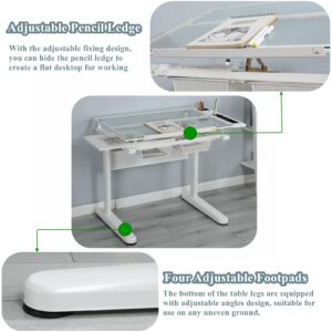 Gagawin Glass Drafting Table, Adjustable Height Drawing Table, Upgraded Hand Crank Artist Table with Stool for Home Office, Tilting Art Craft Desk w/2 Storage Drawers and Side Table, White