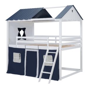 Harper & Bright Designs House Twin Loft Bunk Bed with Tent, Kids Loft Bed with Ladders,Guardrail, Windows and Roof, Wood Twin Over Twin Playhouse Bunk Bed for Kids Teens Boys & Girls (Blue & White)