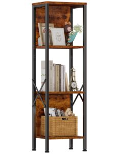 furologee 4 tier small bookshelf with back, short narrow bookcase with shelves, industrial freestanding shelf units, metal and wooden display storage rack for bedroom, living room, office, entryway