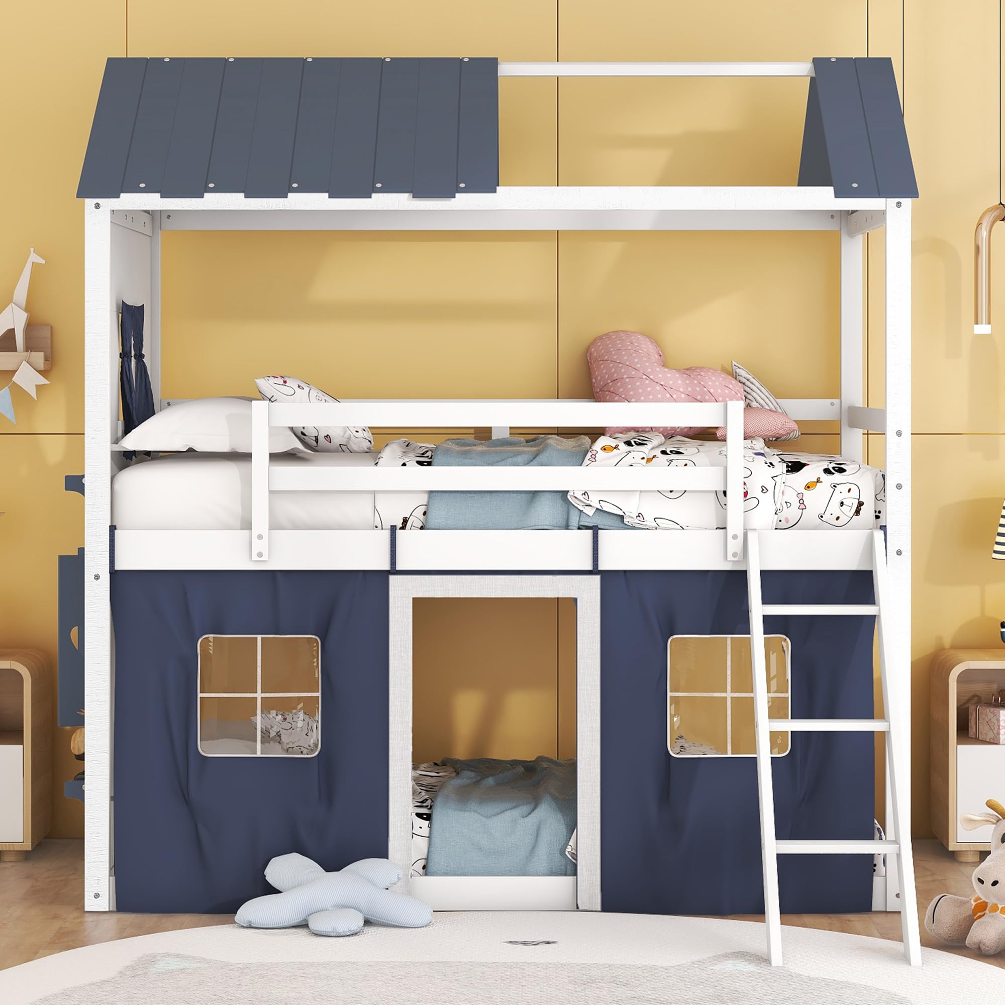 Harper & Bright Designs House Twin Loft Bunk Bed with Tent, Kids Loft Bed with Ladders,Guardrail, Windows and Roof, Wood Twin Over Twin Playhouse Bunk Bed for Kids Teens Boys & Girls (Blue & White)