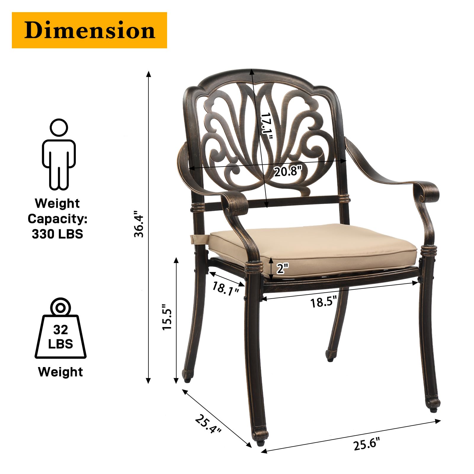 VINGLI Outdoor Dining Chairs Set of 2 Aluminum Patio Chairs, Cast Aluminum Patio Furniture Aluminum Outdoor Chairs for Backyard, Poolside, Balcony Bronze (with Cushion)