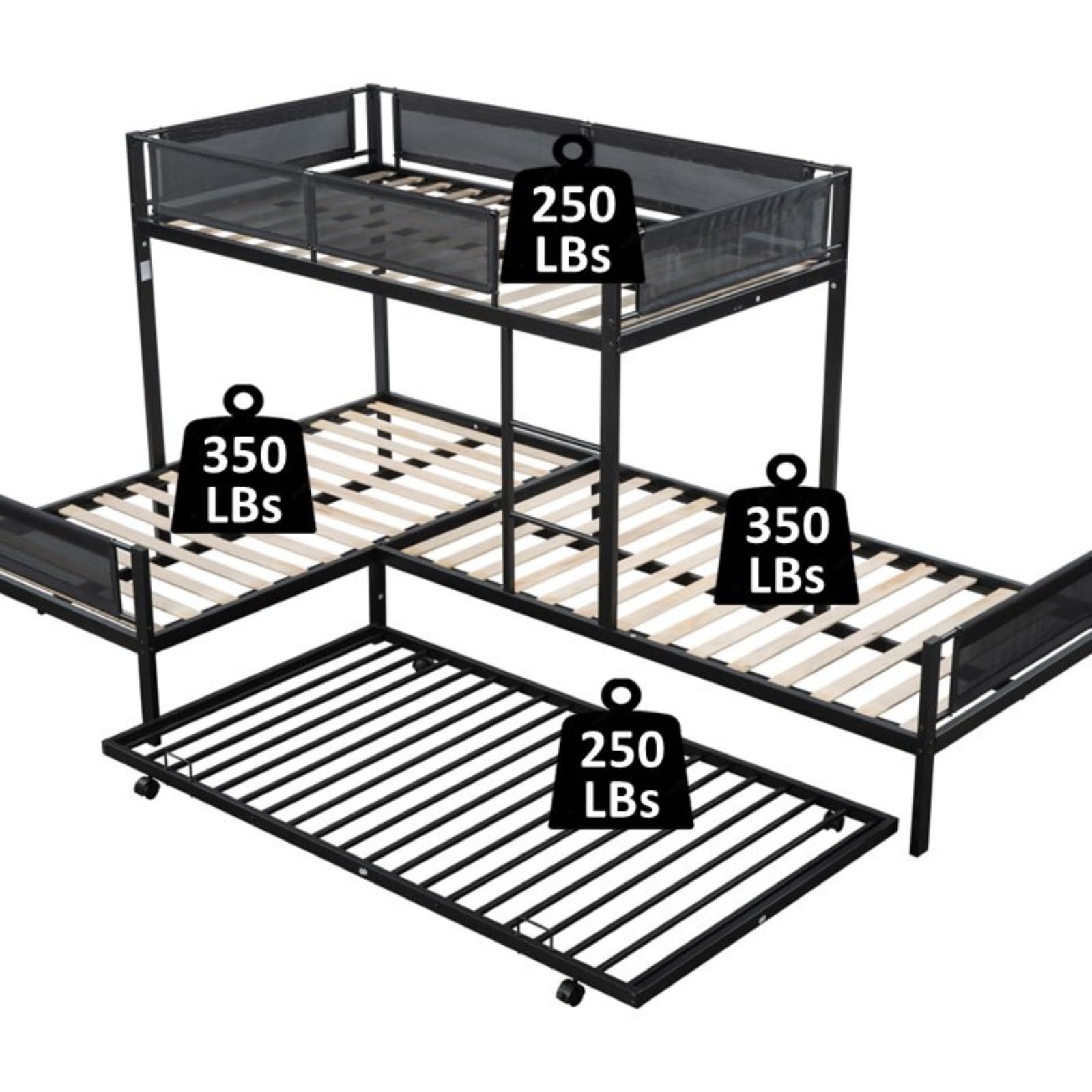 Tmsan Metal Triple Bunk Bed with Trundle for Kids, L Shaped Twin Over 2 Twin 3 Bunk Beds Heavy Duty Quad Bunk Beds for 4 Teens Adults Toddlers