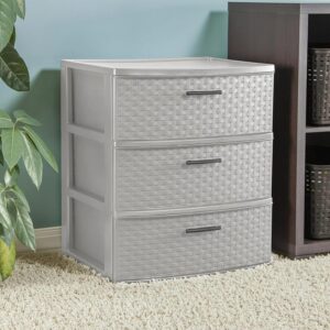 3 Drawer Wide Plastic Weave Tower with Pull Handles,Decorative Storage Drawers for Bedroom, Closet, Office, Cement, 1-Pack