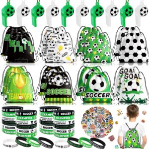 miucat 98pcs soccer party favors, soccer drawstring bags with silicone bracelet soccer whistles stickers soccer goodie bags for soccer party decorations supplies