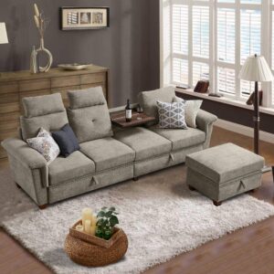 soscana convertible sectional sofa with storage, 4 seat l shaped couch with chaise and cup holder, modern microfiber fabric sofas couches for living room, beige