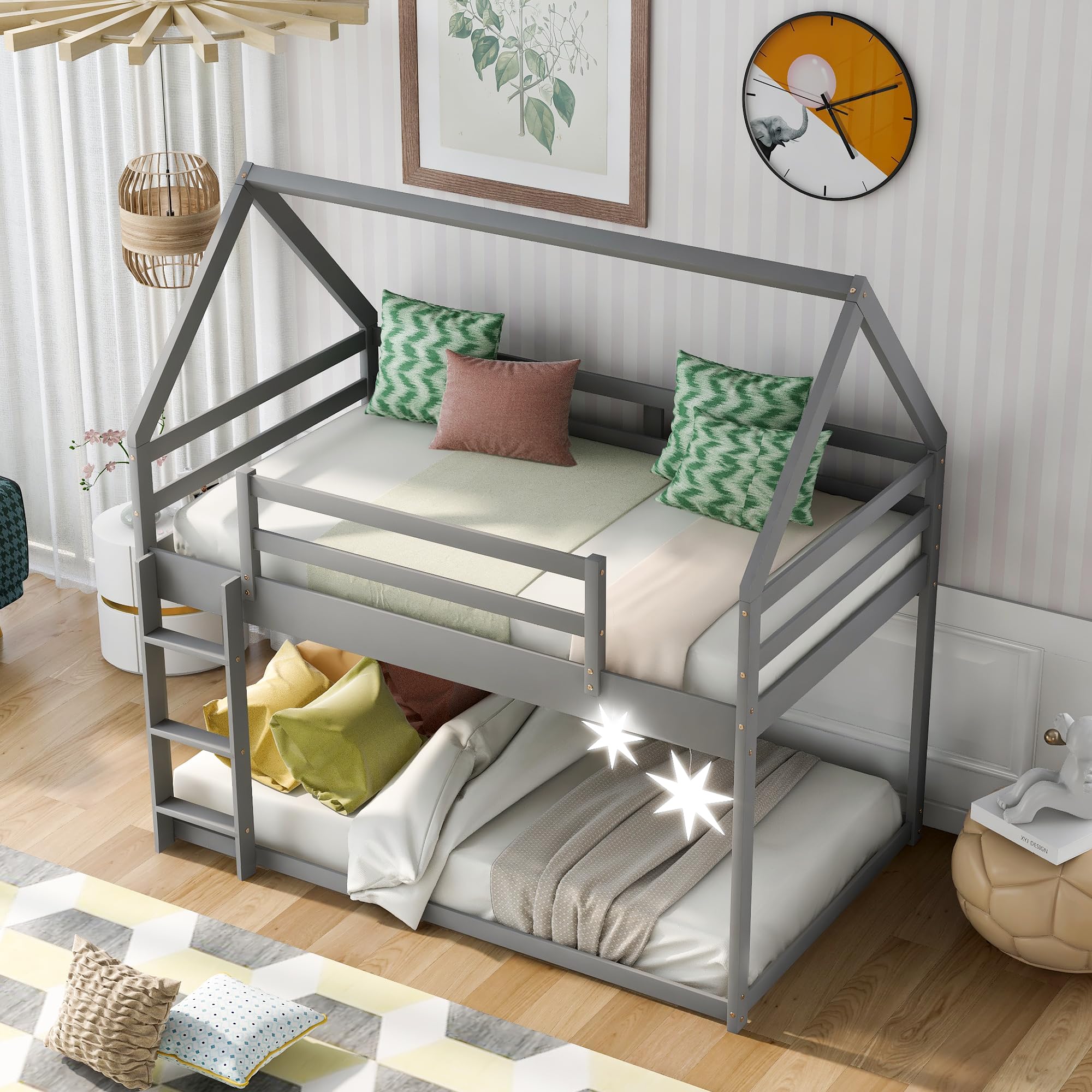 LostCat Bunk Bed Twin Over Twin, Wood Twin Size House Floor Bunk Beds w/Safety Guardrail & Ladder, Space Saving Design, No Box Spring Needed, Gray