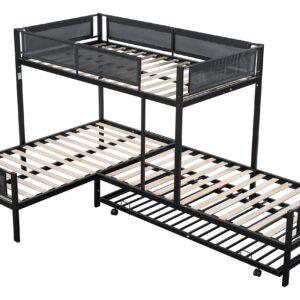 Tmsan Metal Triple Bunk Bed with Trundle for Kids, L Shaped Twin Over 2 Twin 3 Bunk Beds Heavy Duty Quad Bunk Beds for 4 Teens Adults Toddlers