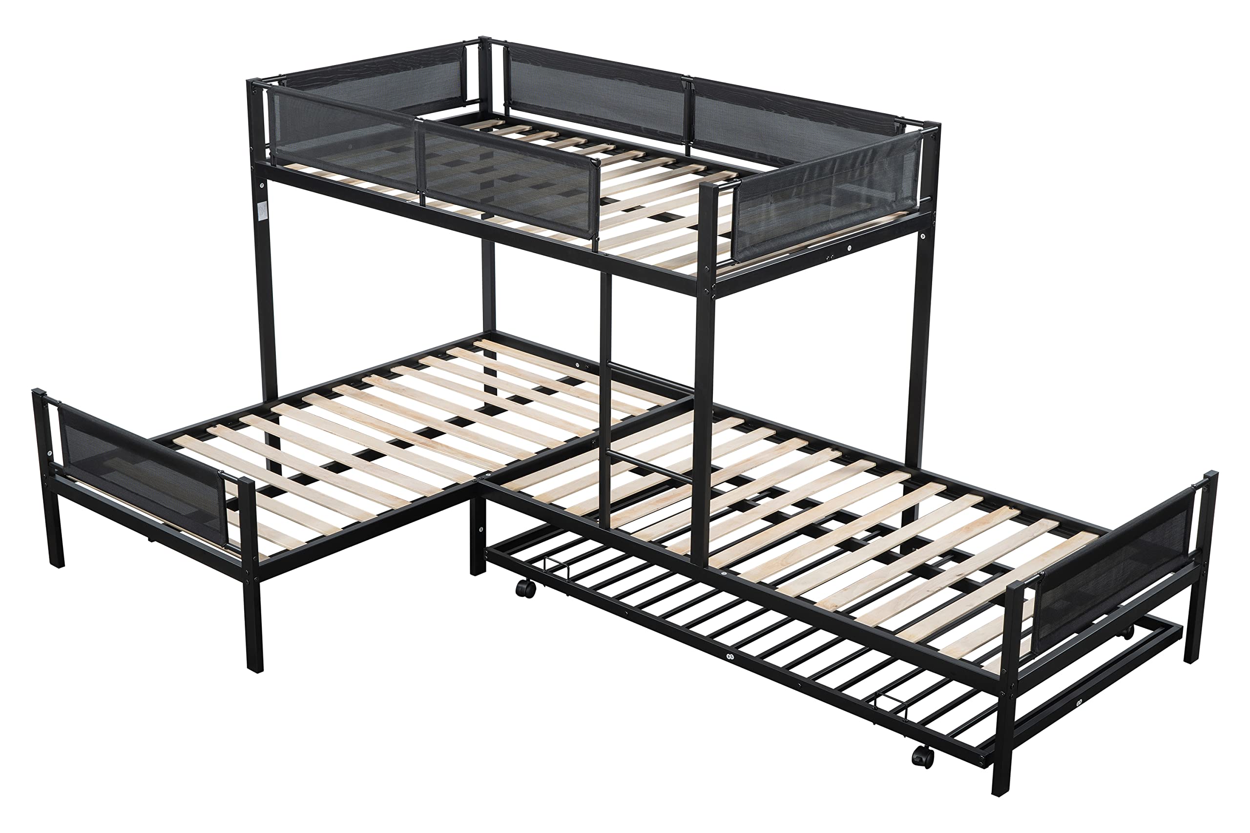 Tmsan Metal Triple Bunk Bed with Trundle for Kids, L Shaped Twin Over 2 Twin 3 Bunk Beds Heavy Duty Quad Bunk Beds for 4 Teens Adults Toddlers