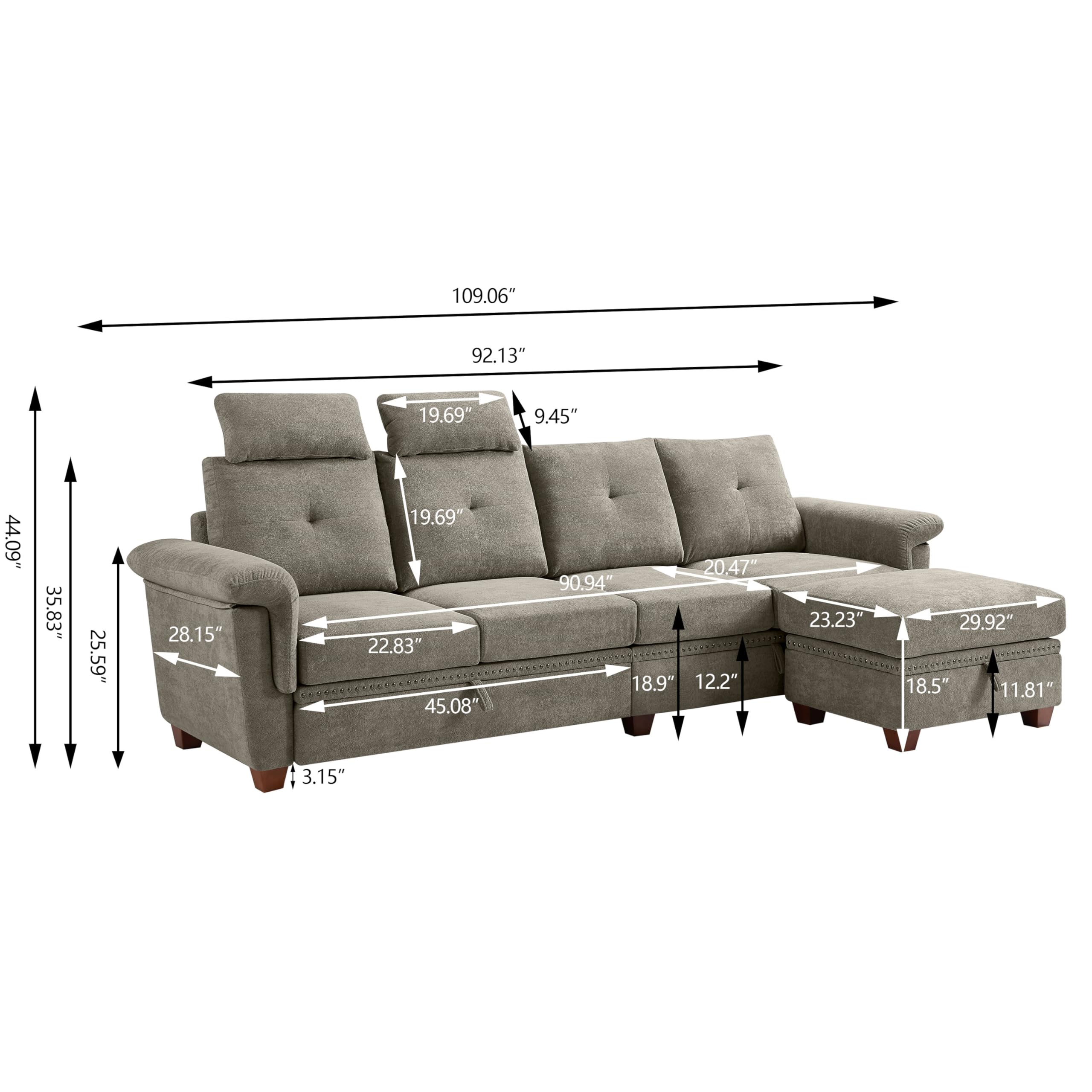 Soscana Convertible Sectional Sofa with Storage, 4 Seat L Shaped Couch with Chaise and Cup Holder, Modern Microfiber Fabric Sofas Couches for Living Room, Beige