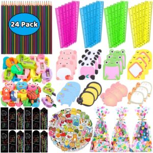 mepmela stationery party favors for kids, 24 pack stationery party supplies with pencils rulers erasers sticky notes for birthday goodie bags school classroom rewards