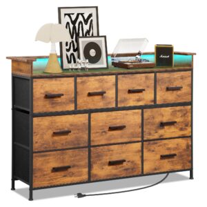 nashzen dresser tv stand with 10 drawers, dresser tv stand with led lights & power outlets, bedroom makeup dresser, chest of drawers up to 50'' long tv, wide fabric dresser with shelf, rustic brown