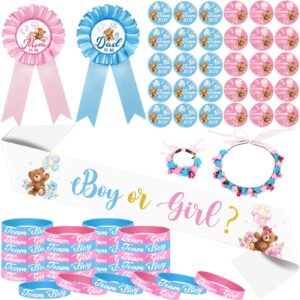 capoda boy or girl gender reveal sash pink blue mom and dad to be pins with flower crown wristband 30 team boy girl button pins and 30 silicone wristbands for baby shower (bear)