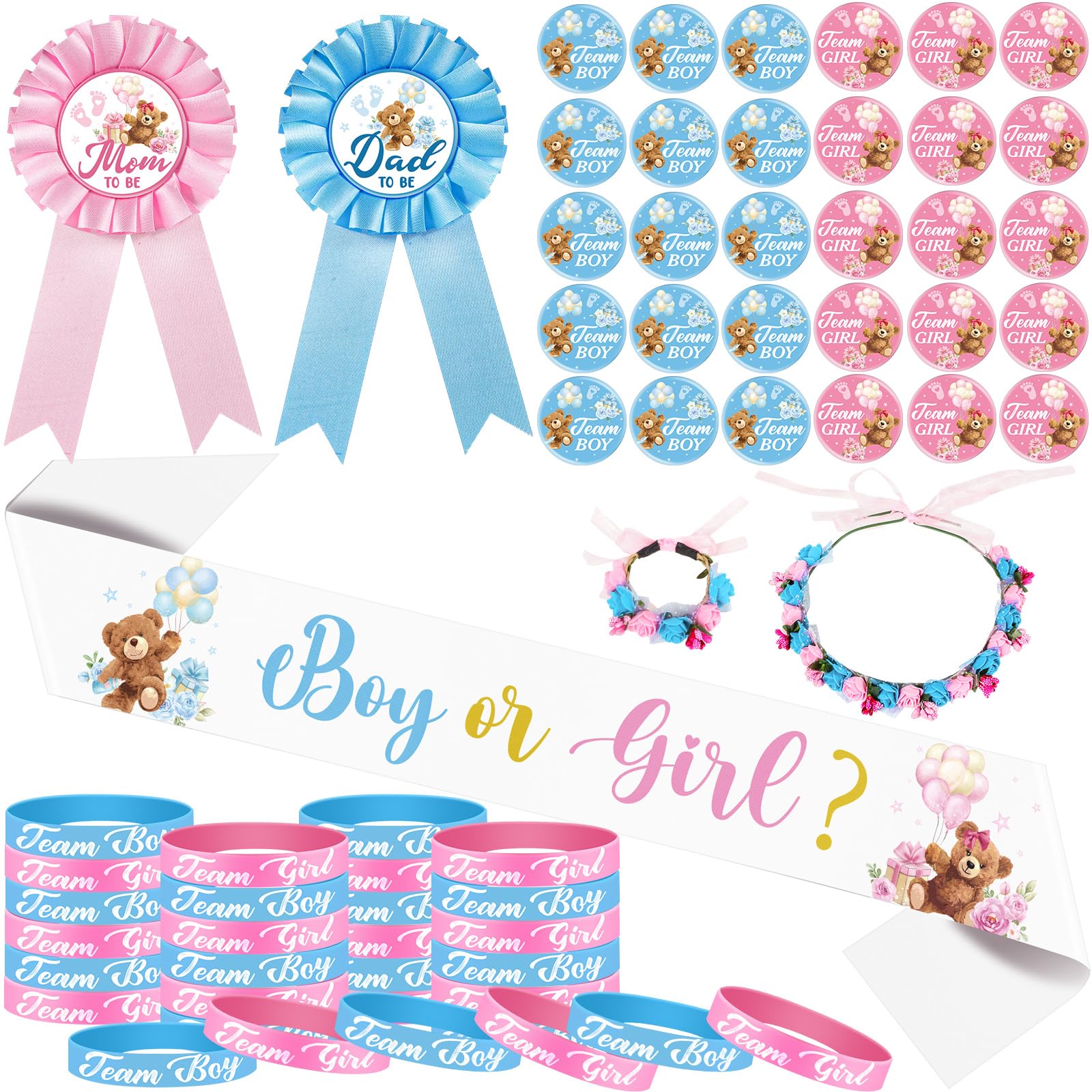 Capoda Boy or Girl Gender Reveal Sash Pink Blue Mom and Dad to Be Pins with Flower Crown Wristband 30 Team Boy Girl Button Pins and 30 Silicone Wristbands for Baby Shower (Bear)