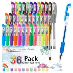 aen art glitter gel pens for adult coloring books, 36 colors gel marker set colored pen with 40% more ink for kids drawing, doodling, crafts and taking note