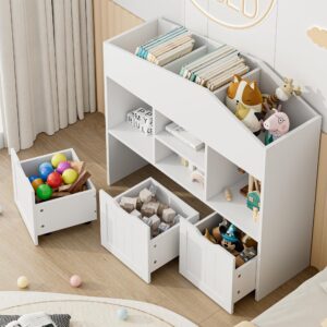 FOTOSOK Toy Storage Organizer with 3 Movable Drawers, Toy Organizers and Storage with Concealed Wheels and 7 Cubbies, Toy Storage Kids Storage Organization, Playroom Furniture, White