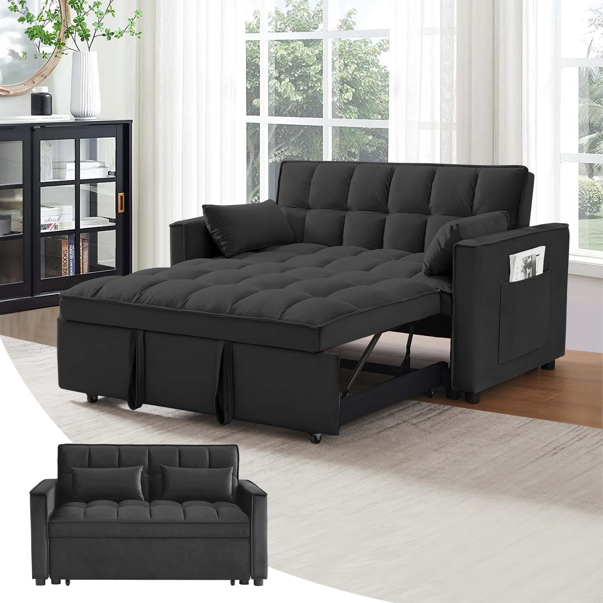 SumKea Convertible Sofa Bed, Pull Out Couch Loveseat 3-in-1 Multi-Functional Velvet Pull-Out Bed, 55'' Loveseat Chaise Lounge with Adjustable Backrest and Pillows, Black