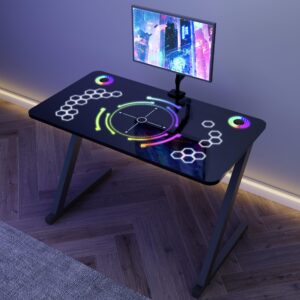 elecwish gaming desk s-001 tempered glass desktop rgb lighting, led light computer desk for gamer