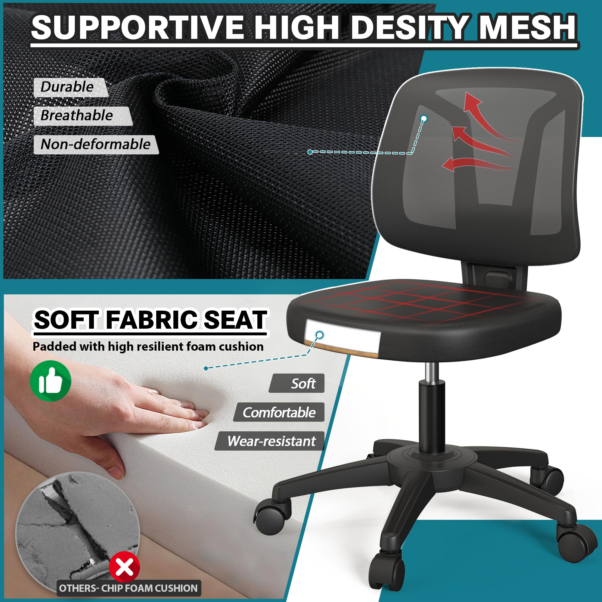 iCoudy Armless Office Chair Ergonomic Swivel Small Computer Desk Chairs No Armrests with Wheels Adjustable Height Black Task Chairs Without Arms for Small Spaces