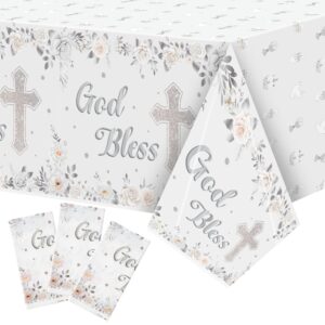 bkeecten 3 packs white gold baby baptism party tablecloths decoration silver color flower cross dosposable plastic waterproof rectangle table cover god bless tablecloth for baby first communion party