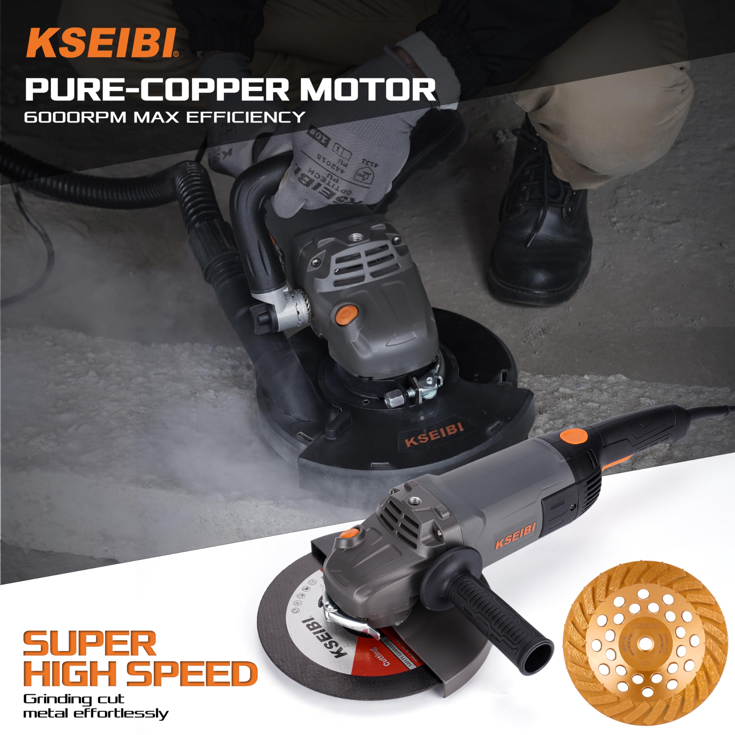 KSEIBI 711985 Concrete Grinder 7 Inch - Angle Grinder Kit with Dust Extraction Shroud, 2400W 15A Motor, 6000RPM, Includes Auxiliary Handles & 9 Inch Protective Guard, Diamond Cup Wheel, Carrying Bag