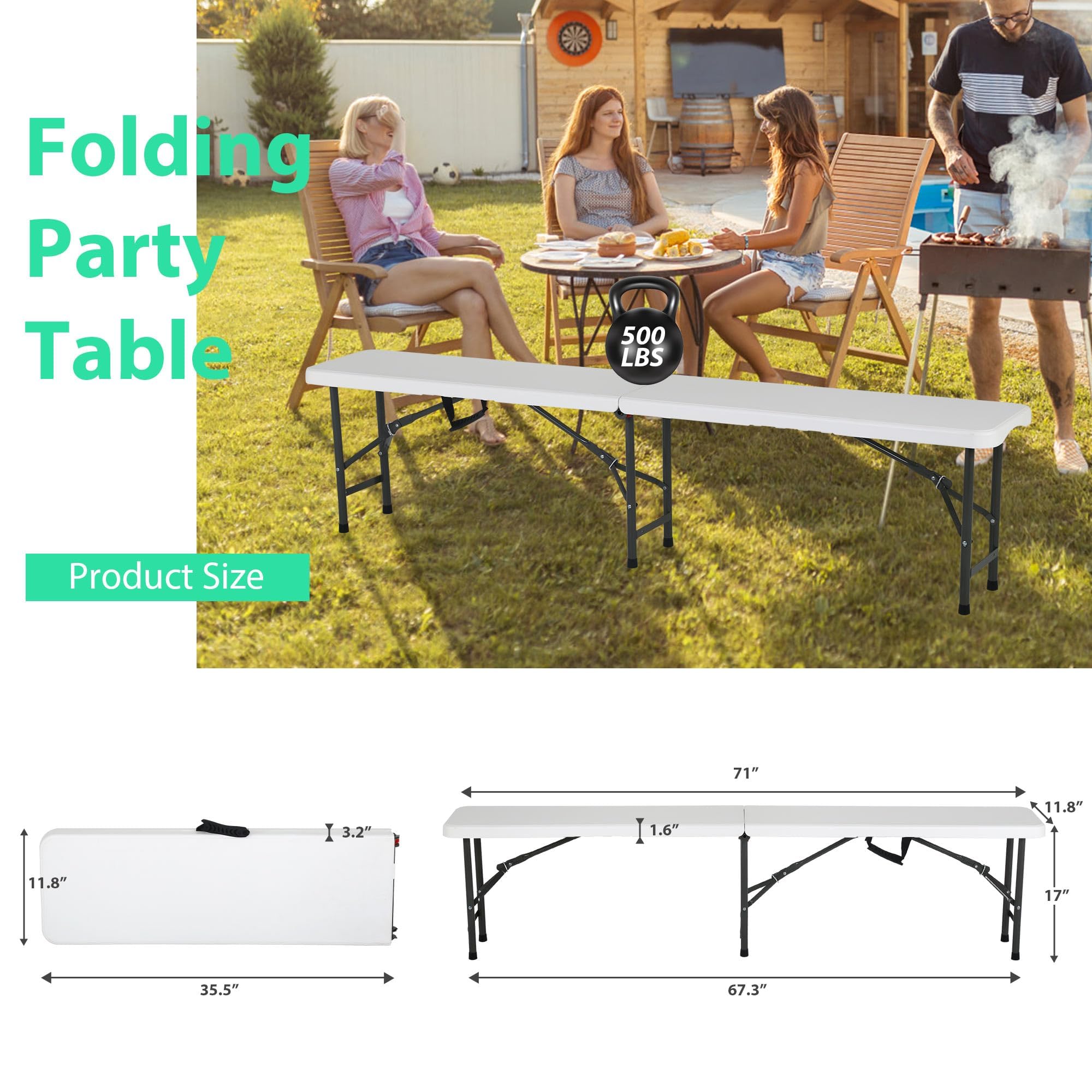 Folding Bench, Foldable Bench with Lockable Steel Legs, Plastic Bench with Carrying Handle, Folding Bench 6 FT Long, Picnic Table Bench for Picnic Camping Dining Party, Foldable Bench Seat, One Piece