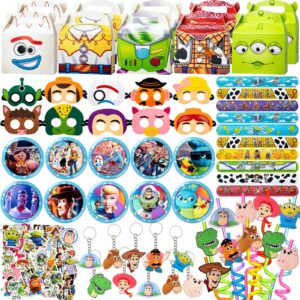 orvag birthday party supplies,110pcs party favors,include 10 circles,10 pattern decorations,10 key chains,10 masks,10 gift bags,10 straws and 50 stickers,best for the goodie bags for party