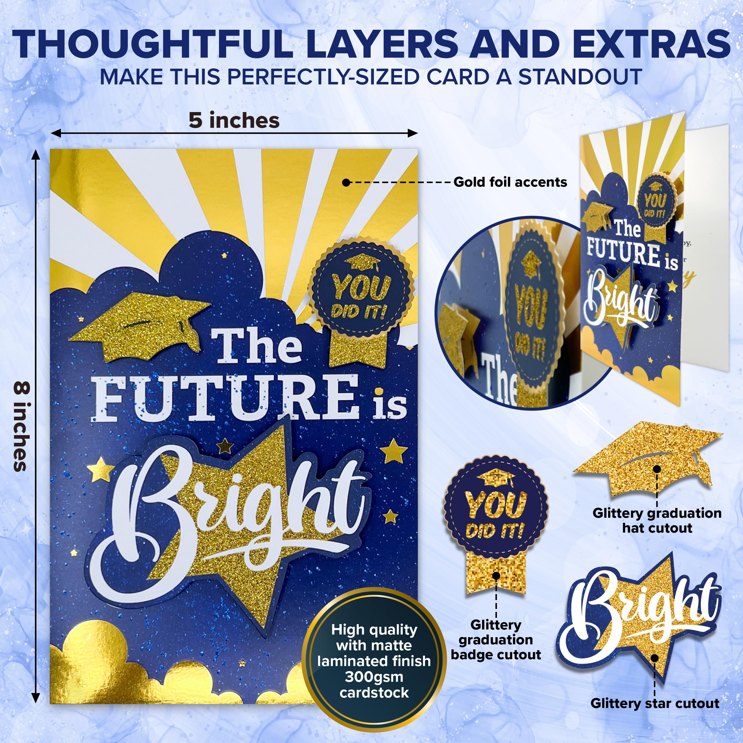 Gold Foil & Glittery College Graduation Card Set with Sparkly Graduation Cutouts, 5x8in Congrats Grad Card with Envelope & Stickers, High School Graduation Card with Printed Message, College Grad Card