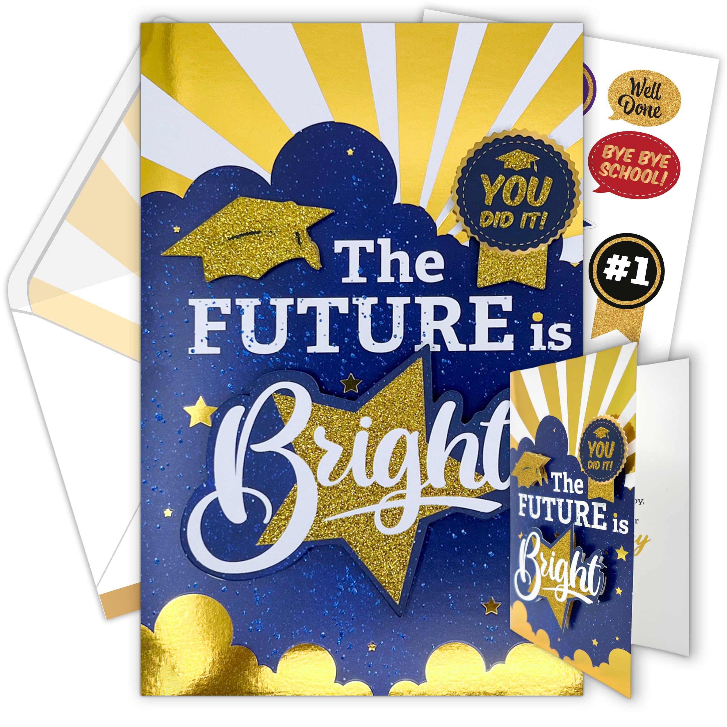 Gold Foil & Glittery College Graduation Card Set with Sparkly Graduation Cutouts, 5x8in Congrats Grad Card with Envelope & Stickers, High School Graduation Card with Printed Message, College Grad Card