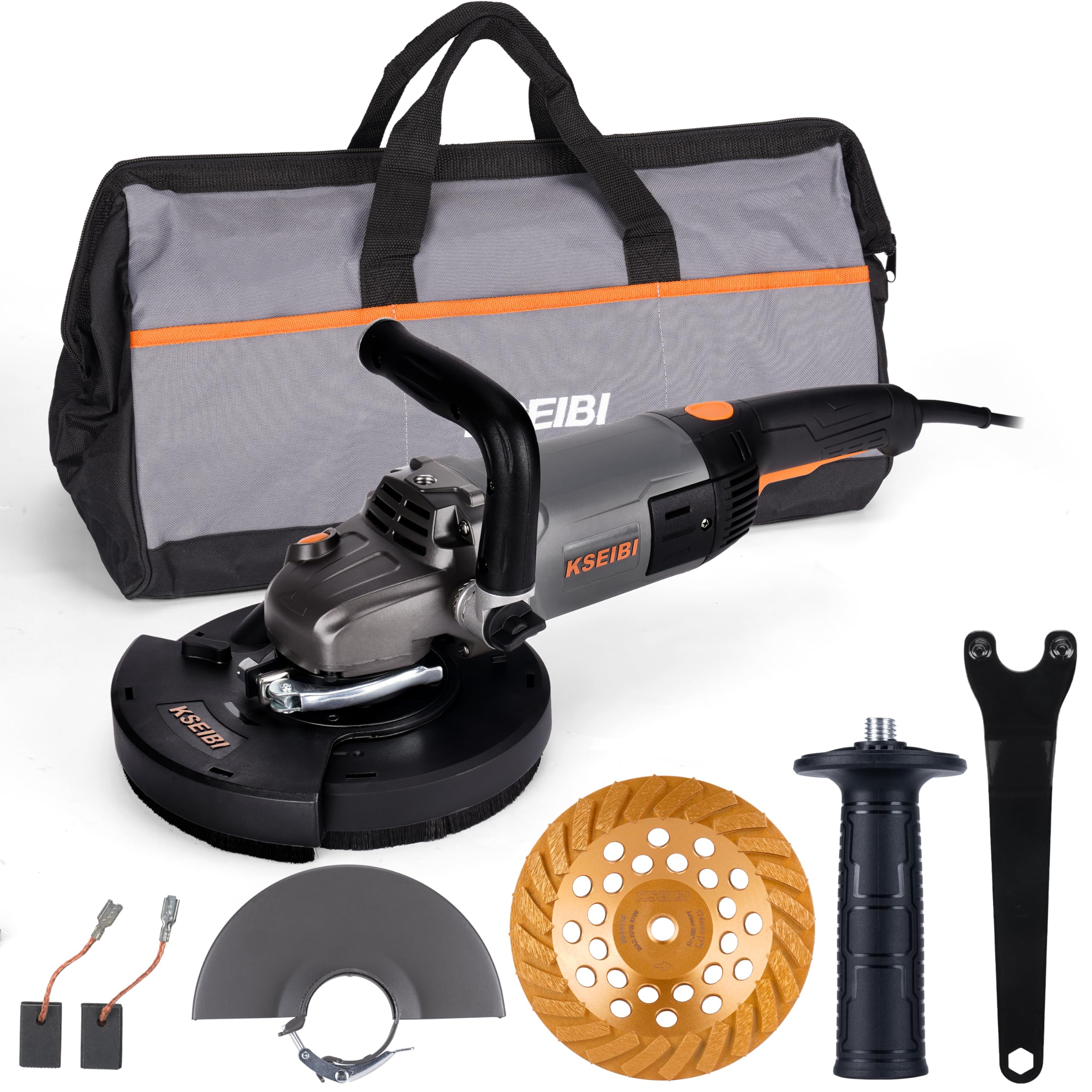 KSEIBI 711985 Concrete Grinder 7 Inch - Angle Grinder Kit with Dust Extraction Shroud, 2400W 15A Motor, 6000RPM, Includes Auxiliary Handles & 9 Inch Protective Guard, Diamond Cup Wheel, Carrying Bag