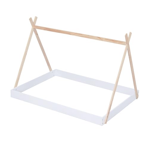 RORIGAT Full Size Tent Floor Bed with Triangle Structure,Wood Bed Frame for Girls and Boys,White+Natural