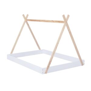 RORIGAT Full Size Tent Floor Bed with Triangle Structure,Wood Bed Frame for Girls and Boys,White+Natural