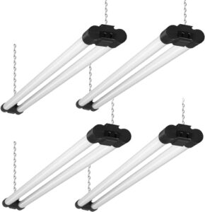 vevor 4 pack led shop light, 4 ft, 40w linkable shop light fixture, 4500 lm surface & hanging mount ceiling lights 59 in power cords with on/off switch, for garage warehouse home workkshop and office