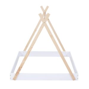 RORIGAT Full Size Tent Floor Bed with Triangle Structure,Wood Bed Frame for Girls and Boys,White+Natural