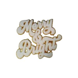 merry & bright- iron on patch- pink chenille holiday sweatshirt - fuzzy chenille patch alphabet patch glitter christmas patch only diy (white)