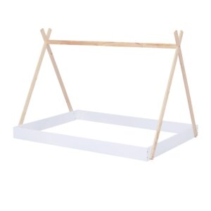 RORIGAT Full Size Tent Floor Bed with Triangle Structure,Wood Bed Frame for Girls and Boys,White+Natural