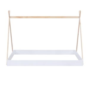 RORIGAT Full Size Tent Floor Bed with Triangle Structure,Wood Bed Frame for Girls and Boys,White+Natural